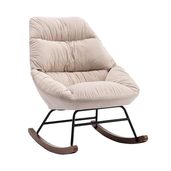 JASIWAY Beige Velvet Upholstered Porch Rocking Chair with Wood Leg Set ...