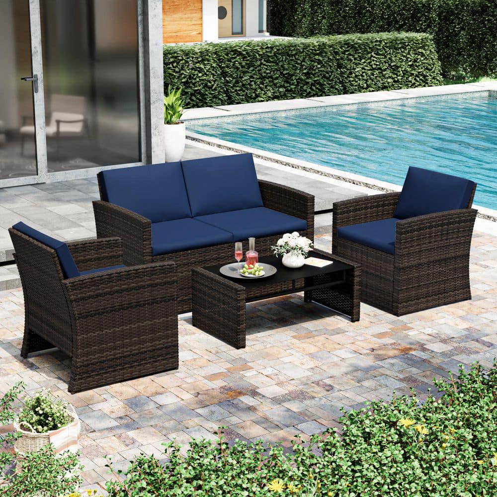 Esunny 4-Piece Outdoor Wicker Patio Conversation Set Furniture Set Chat ...