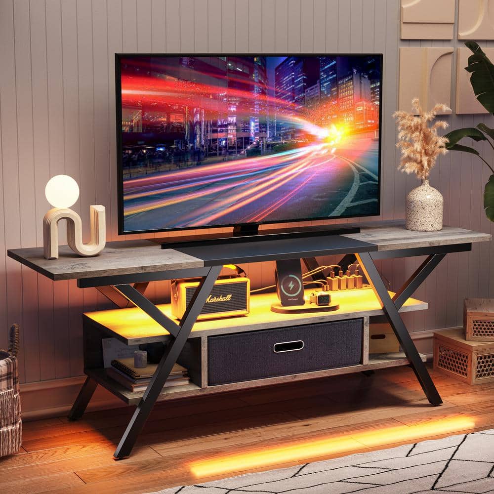 Bestier 55 in. Wash Grey LED TV Stand with Drawer and Power Outlets for ...