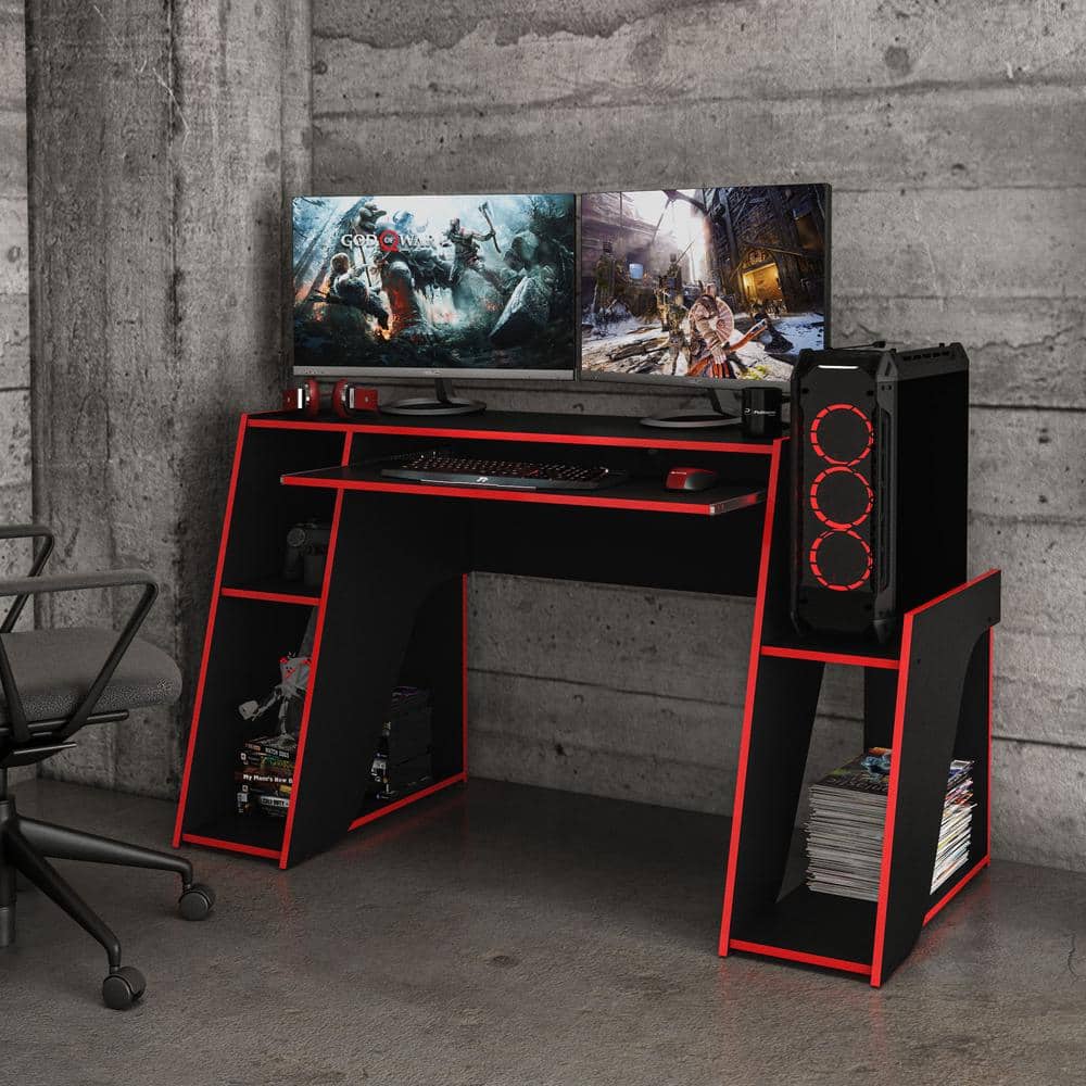 Mission 57.5 in. Black and Red Gaming Desk with Storage