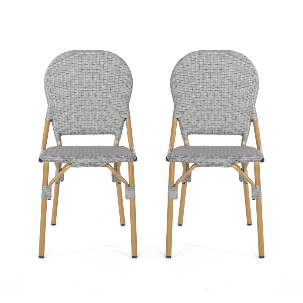 34.25 in. H Yellow Wicker Outdoor Dining Chair with Gray PE Rattan Seat ...