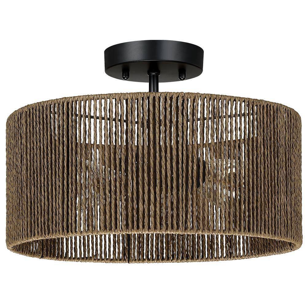 TRUE FINE Bohe 14 in. 2-Light Woven Rope Drum Semi-Flush Mount Ceiling ...