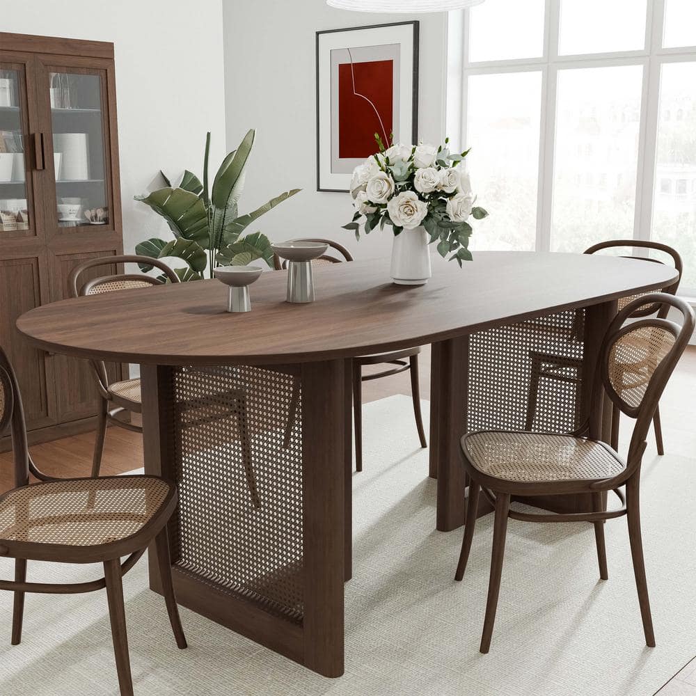 Dovelina Cinna Walnut Wood 67 in. Oval Double Pedestal Dining Table Seats 6 HD-2024082615 - The ...