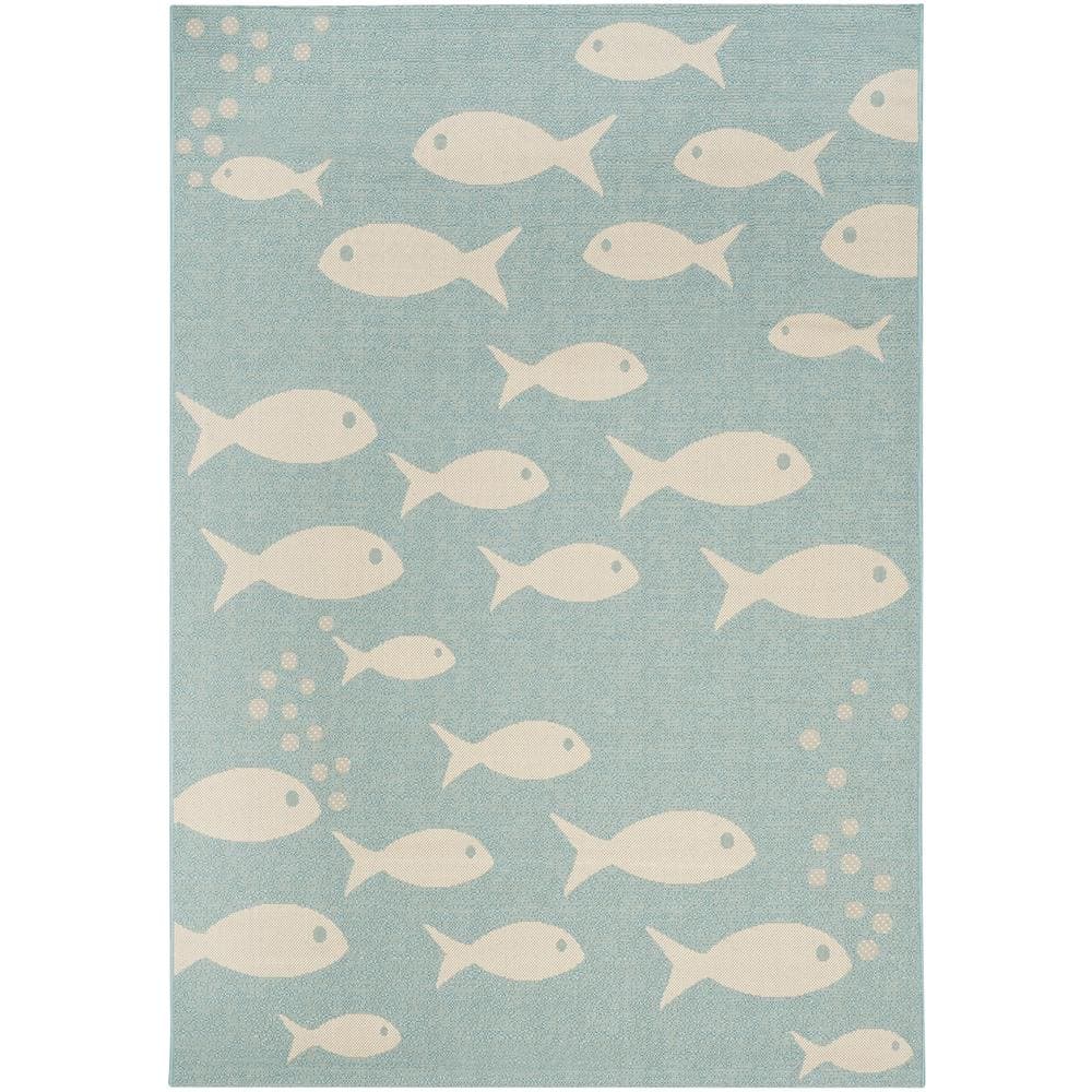 SAFAVIEH Courtyard Aqua/Beige 5 ft. x 8 ft. Geometric Indoor/Outdoor ...