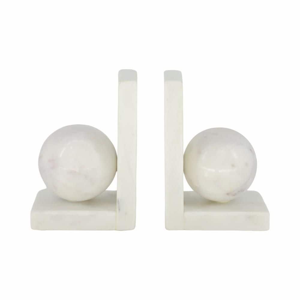 Liv & Skye White 6 in. Stone Decorative L Shaped Bookends with Sphere ...