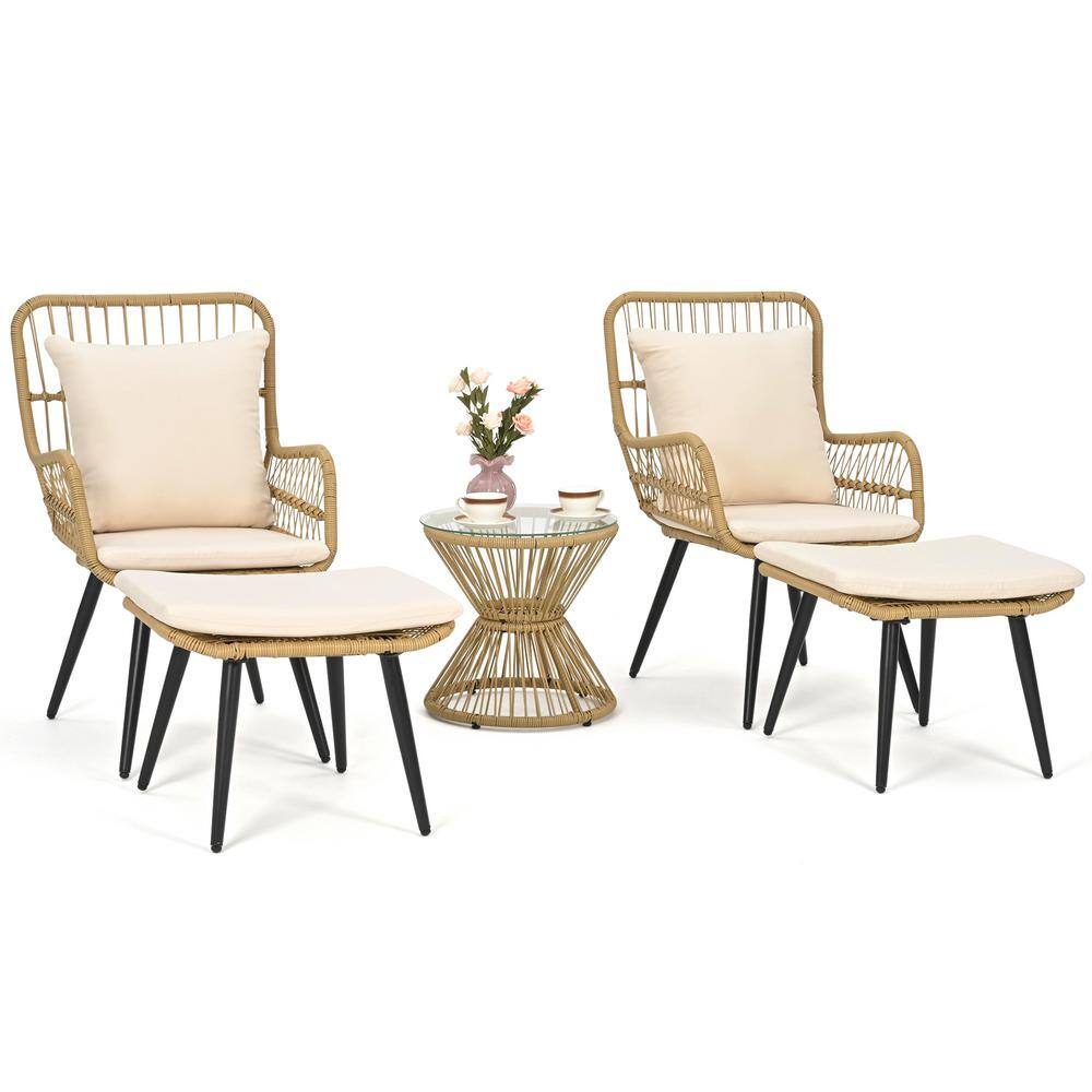 PamaPic 5-Piece Wicker Patio Conversation Set with White Beige Cushions ...