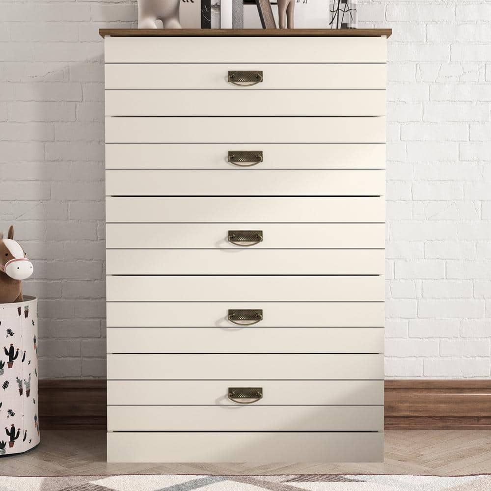 GALANO Ginny Ivory with Oak 5-Drawer 31.5 in. Wide Teen Chest of Drawer ...