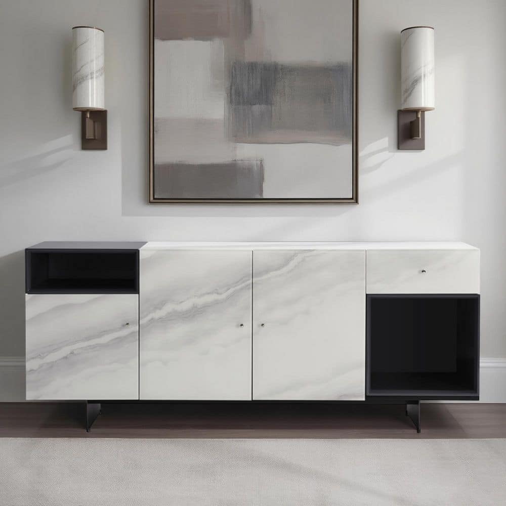Armen living Olivia Modern White Marble-Effect Tempered Glass and Wood ...