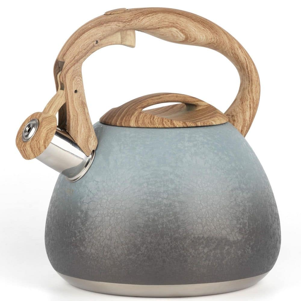 Wudkey 10-Cup Blue-Gray Stainless Steel Stovetop Tea Kettle with Wood ...