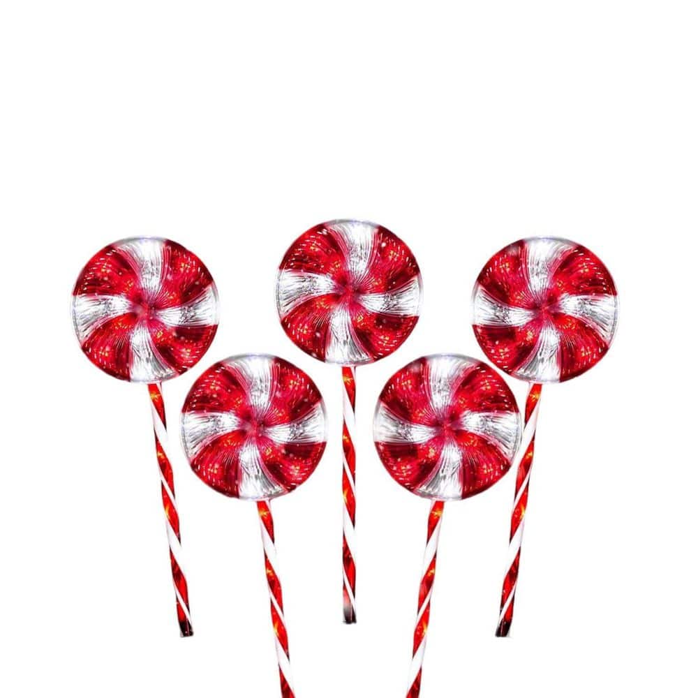 OGETFUUR 5-Piece Red Lollipops Peppermint Solar Stake Lights with 8 ...
