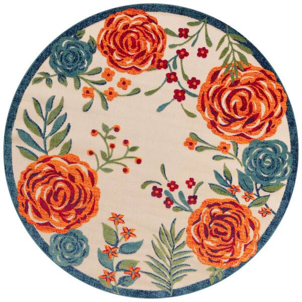 Nourison Aloha Ivory Multicolor 8 ft. Round Floral Contemporary Indoor ...