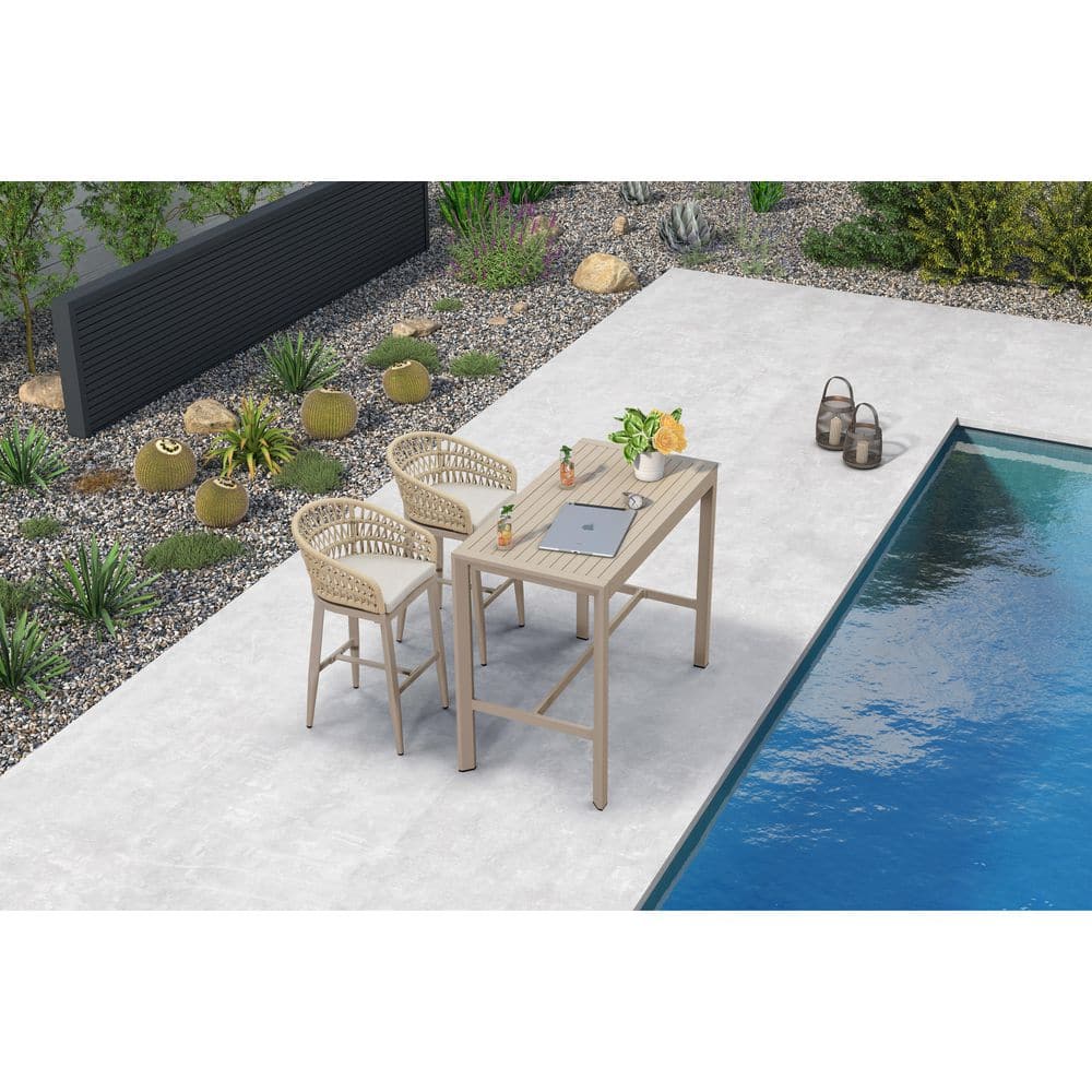 PURPLE LEAF Modern Aluminum Bar Height Top Table and Rattan Outdoor Bar Stool Set with Beige ...