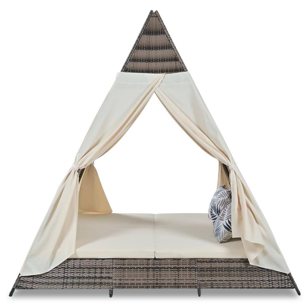 Tenleaf Brown Wicker Tent Shape Outdoor Day Bed with Beige Cushions ...