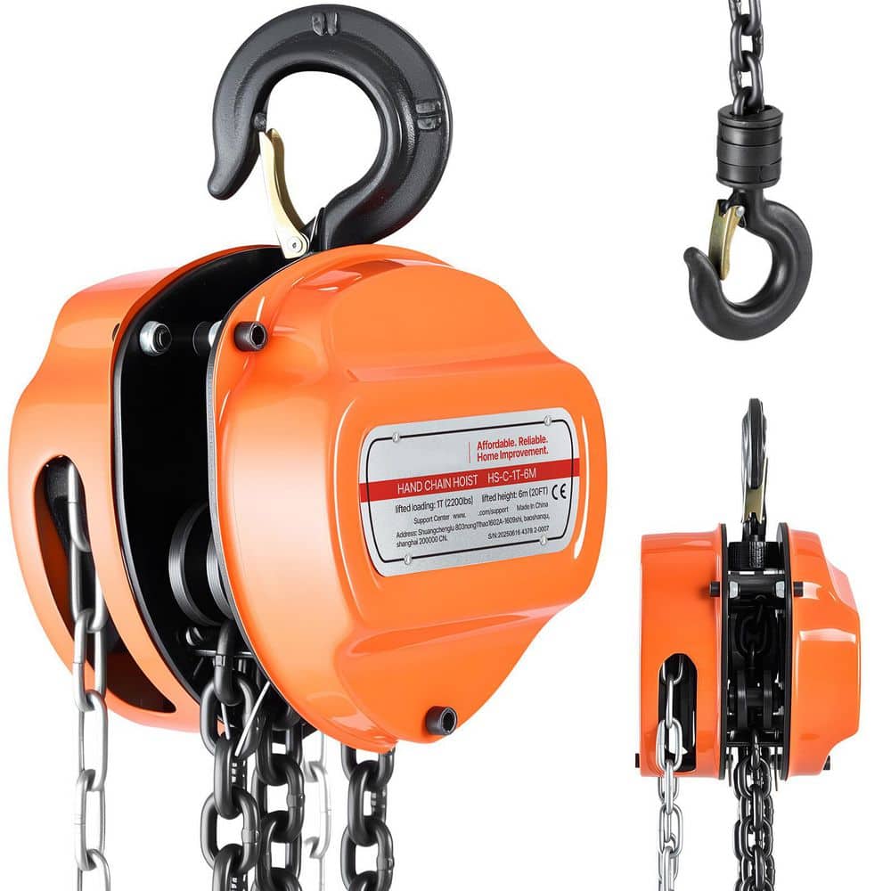 SKYSHALO Hand Chain Hoist, 1 Ton 2200 lbs. Capacity, Manual Chain Block with G80 Chain, 20 ft ...