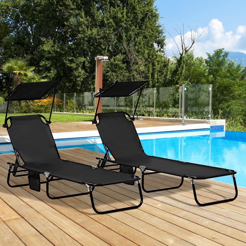 Otryad Black Metal Outdoor Chaise Lounge, Folding Pool Chairs, Outdoor ...