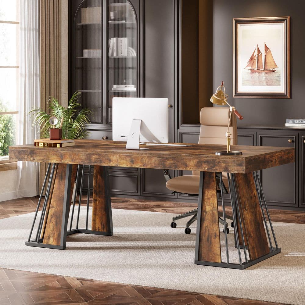 BYBLIGHT Moronia 70.9 in. Rectangle Rustic Brown Industrial Wood and ...