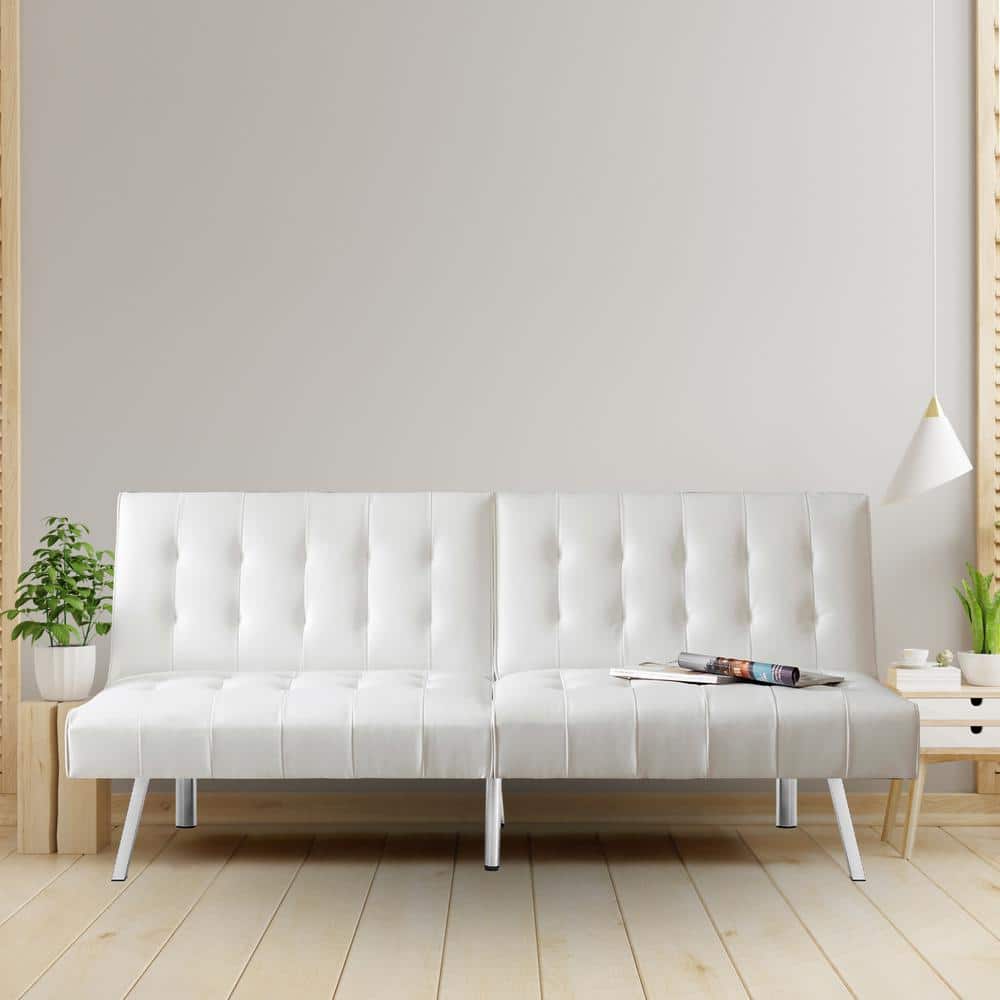 HOMESTOCK White Faux Leather Tufted Split Back Convertible Futon ...