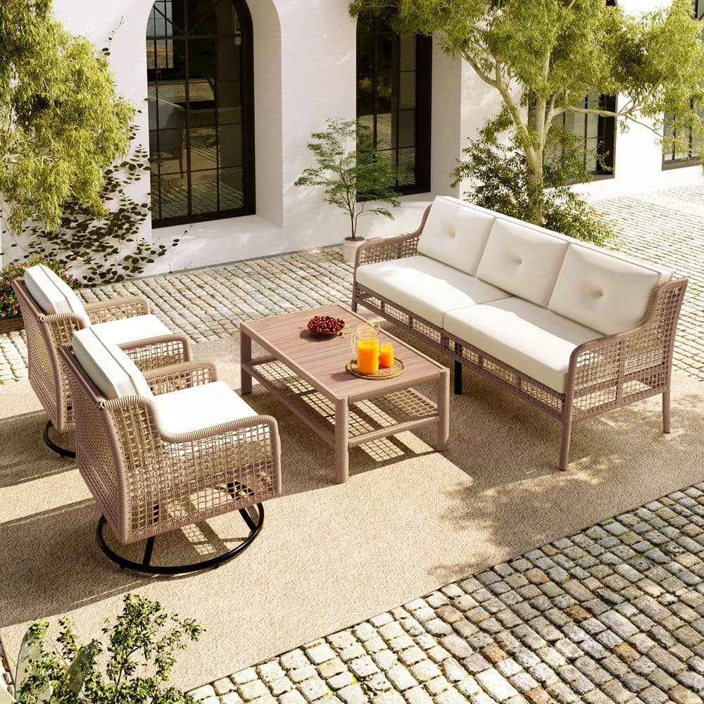 4-Piece Rattan Wicker Patio Conversation Set with Beige Cushions, Swivel Chairs for Poolside ...