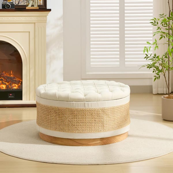Beige Linen Tufted Rattan Round Storage Ottoman for Bedroom and Living Room