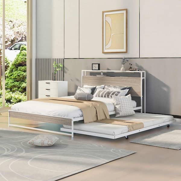 Polibi White Metal Frame Queen Platform Bed with Trundle, USB Ports and ...