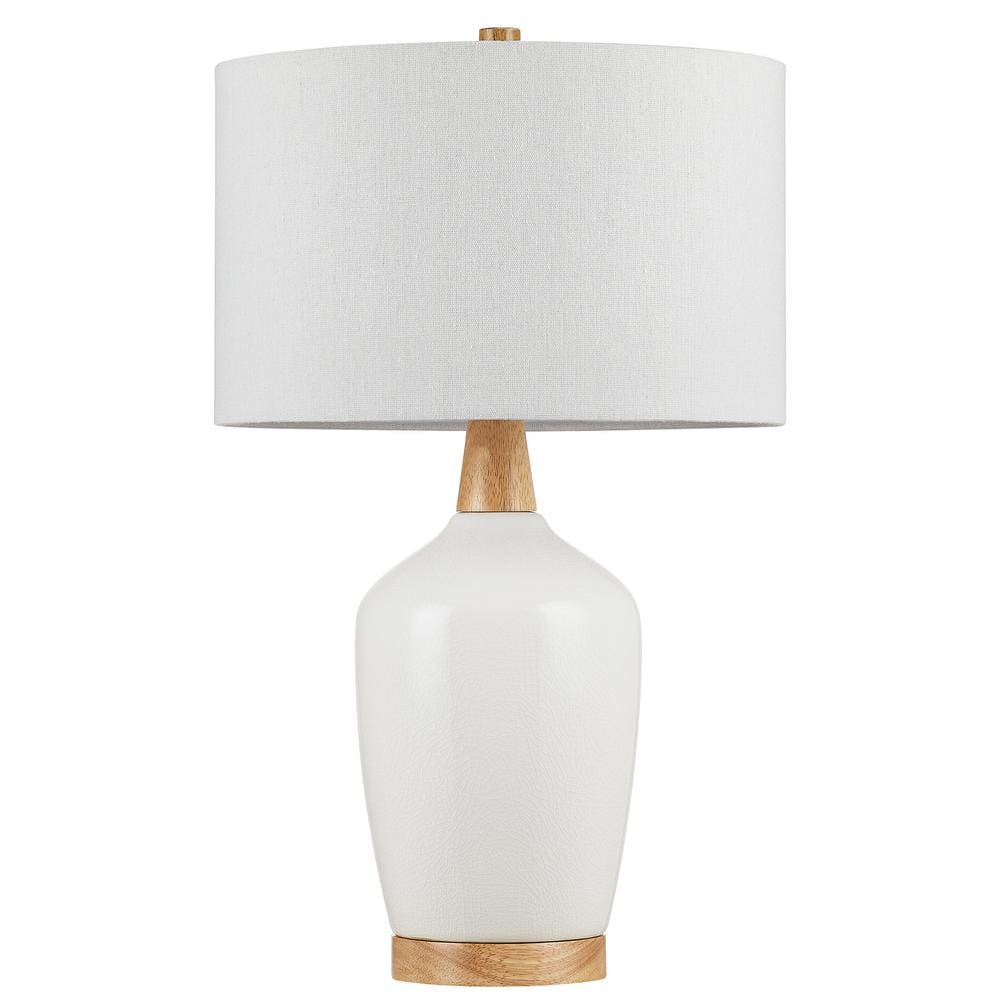 KAWOTI 22. 5 in. White Crackle Ceramic Table Lamp with Natural Wood ...