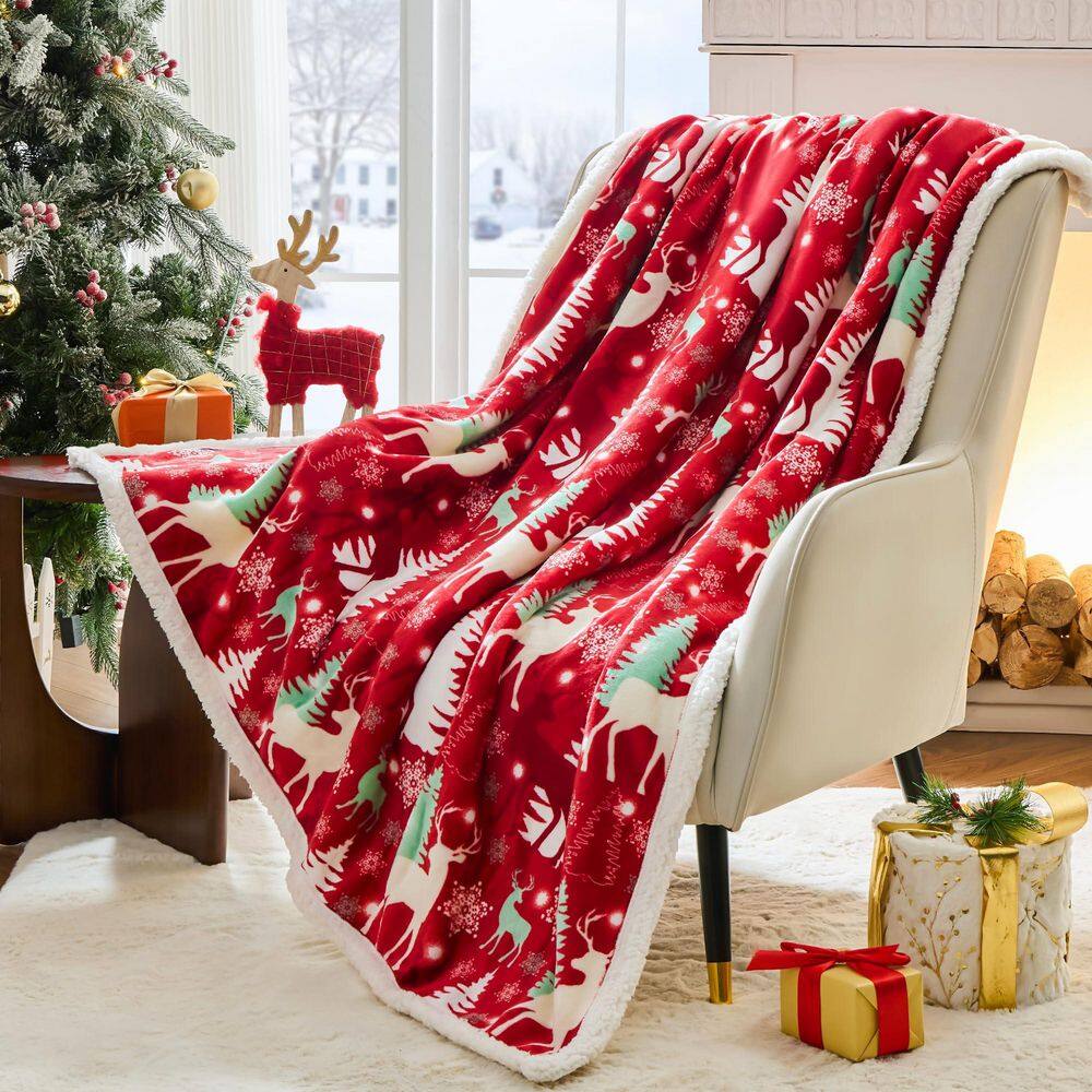 Angel Sar Double Deer Festive Red Christmas Plaid Reversible Sherpa ...