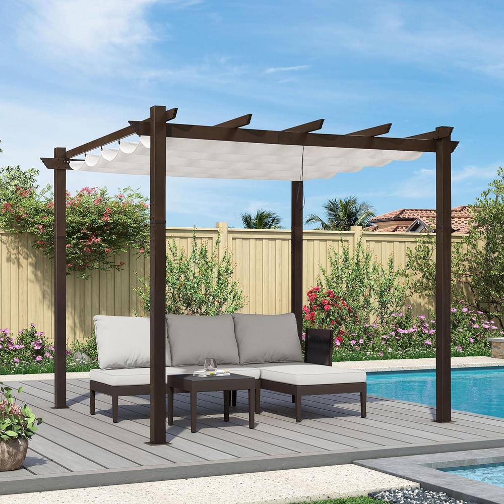 PURPLE LEAF 10 ft. x 10 ft. White Metal Outdoor Retractable Pergola ...