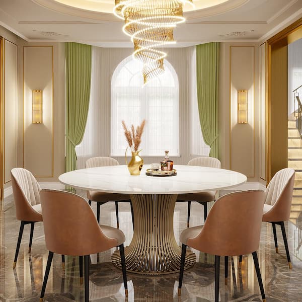 BYBLIGHT Roesler Gold and White Sintered Stone 59 in. W Pedestal Round Dining Table Seats 6 for Kitchen Dining Room BB HL057QP