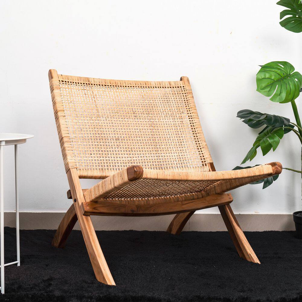 Vintiquewise Decorative Natural Foldable Rattan and Teak Wood Chair for ...
