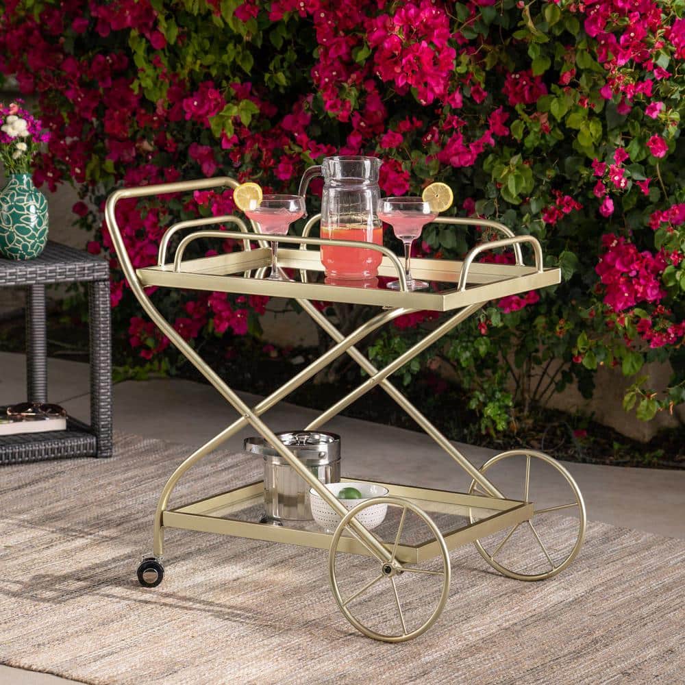 33x21.25x31in Patio Serving Cart, Traditional Glass and Metal Bar Cart ...