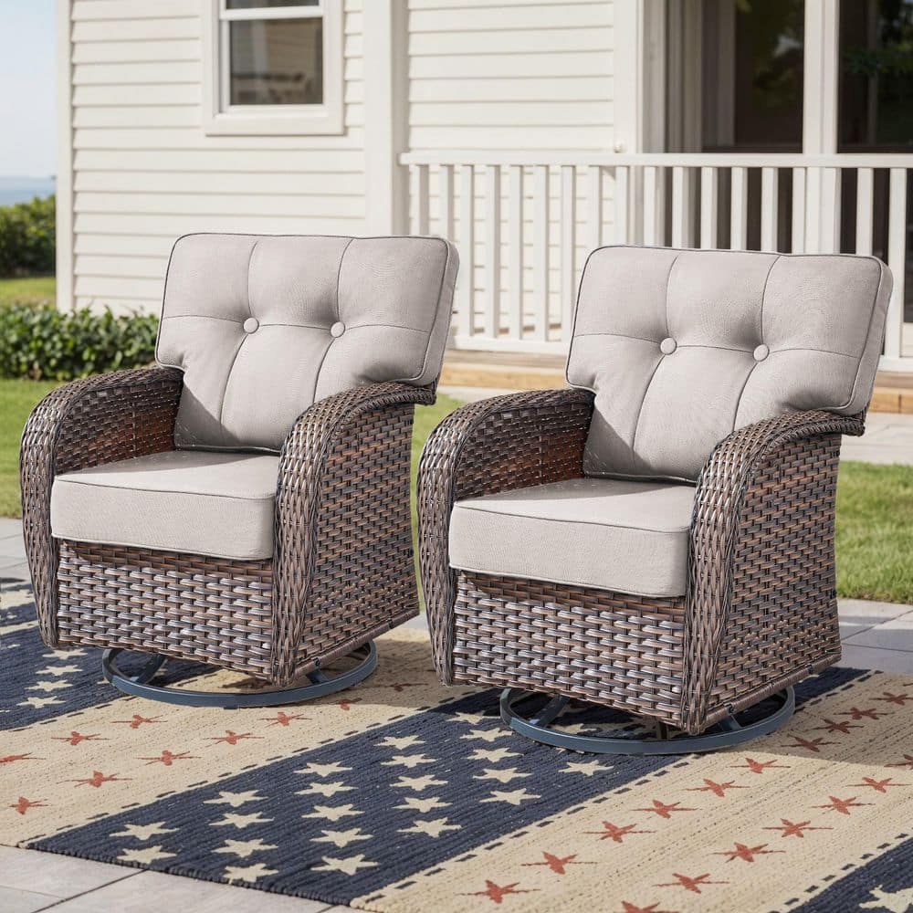 moosprr T-Frame Brown Wicker Outdoor Rocking Chairs with Olefin Beige 5 ...