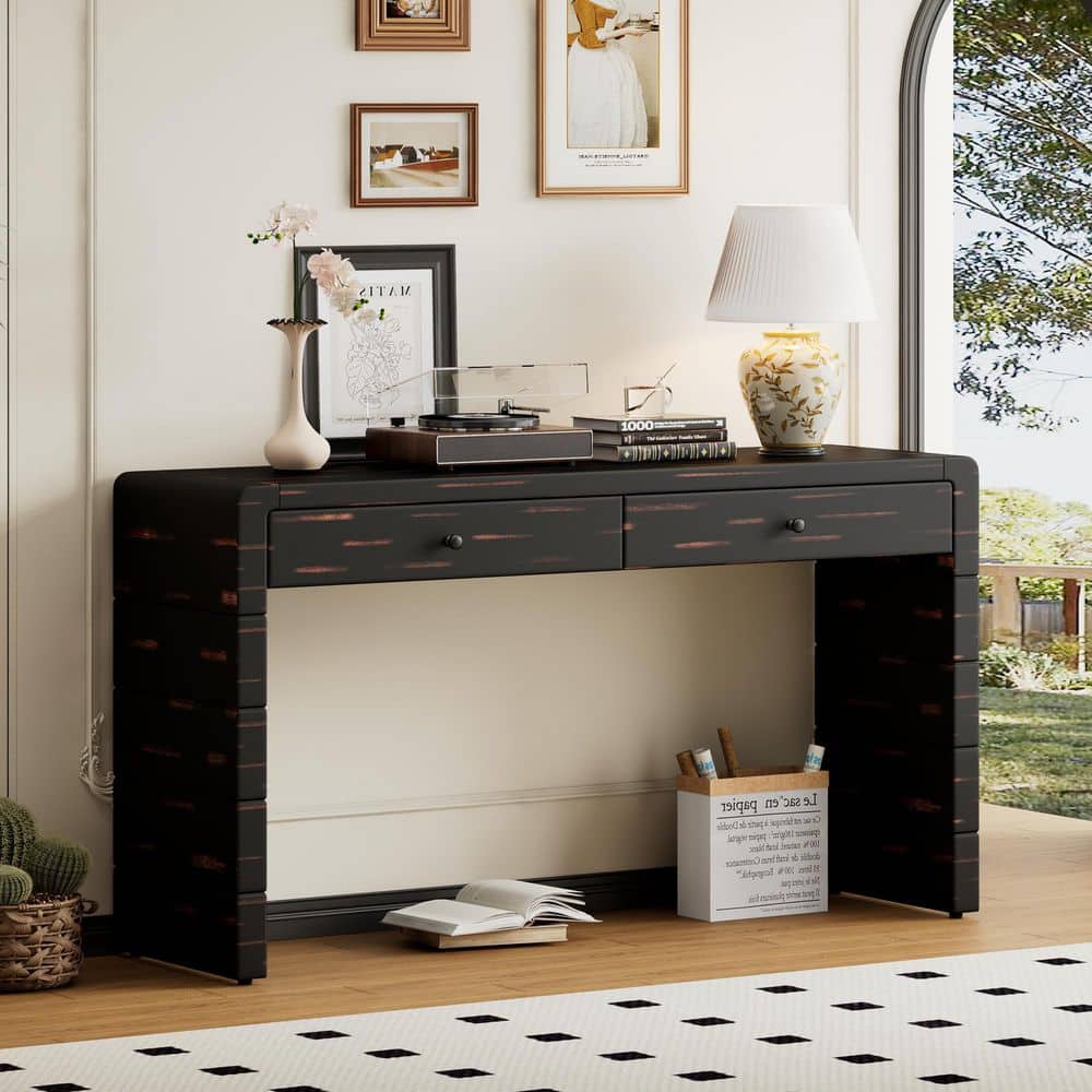 Harper & Bright Designs 55 in. Distressed Black Rectangle MDF Console ...