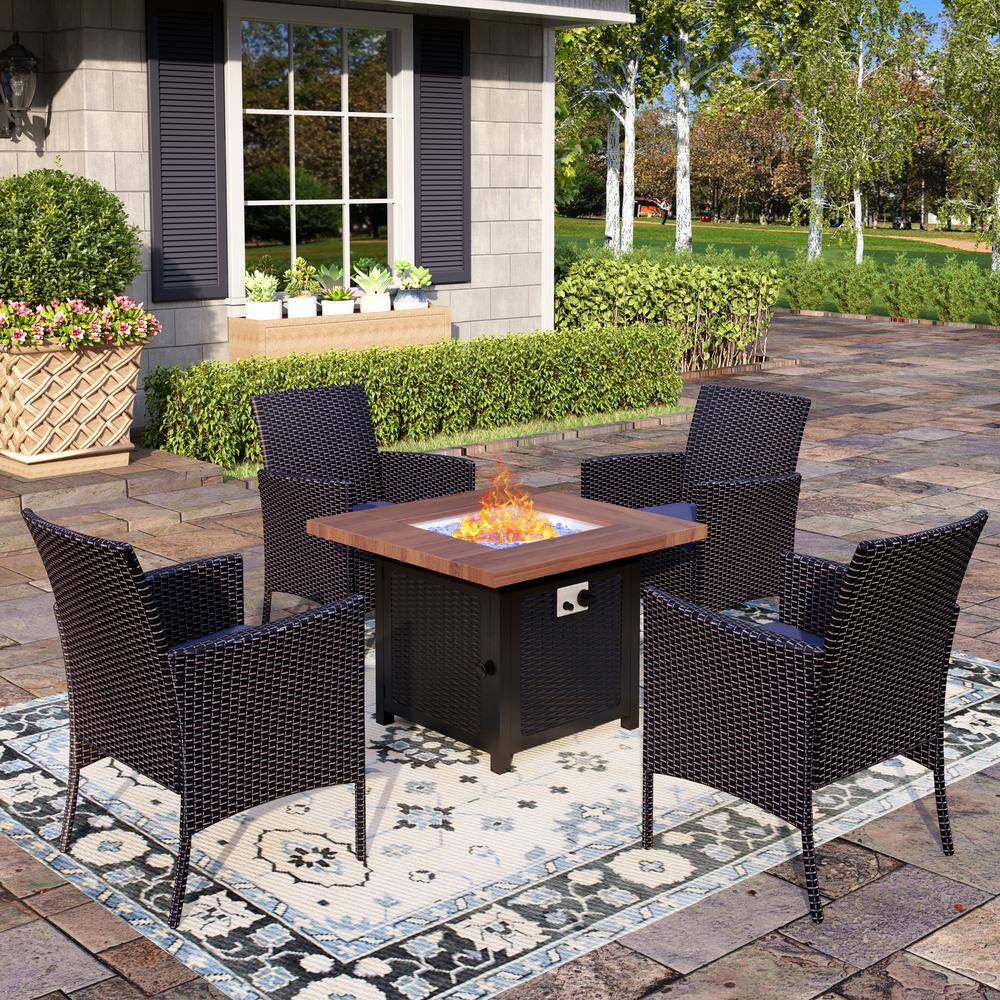 PHI VILLA 5-Piece Black Metal Patio Fire Pit Set, Wood-like Metal Steel ...