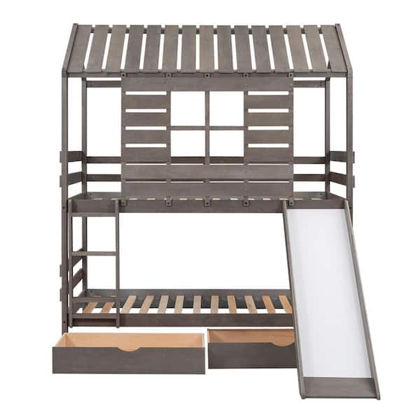 Angel Sar Antique Gray Twin over Twin Size House Bunk Bed with ...