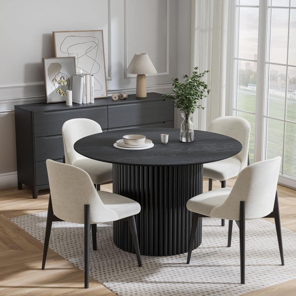 Lirago Round Black Wood 46 in. Column Pedestal Kitchen Table Dining ...