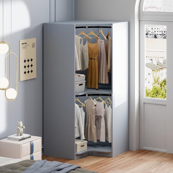Harper Bright Designs Gray Wood 43.3 in. Polygon Corner Wardrobe Armoire with 2 Hanging Rails and Shelves HTC007AAE