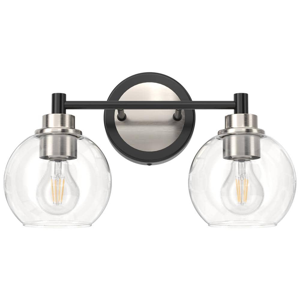 Merra 14.6 in. 2 Light Black & Nickel Vanity Light with Clear Glass ...