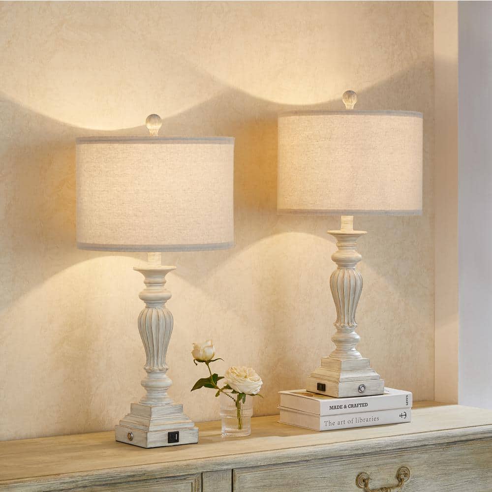 KAWOTI 25.5 in. Painted Washed White Table Lamp Set with USB Ports, Ac ...