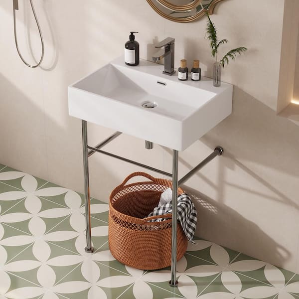 DEERVALLEY 24 in. Console Sink In White Ceramic with Silver Legs and ...
