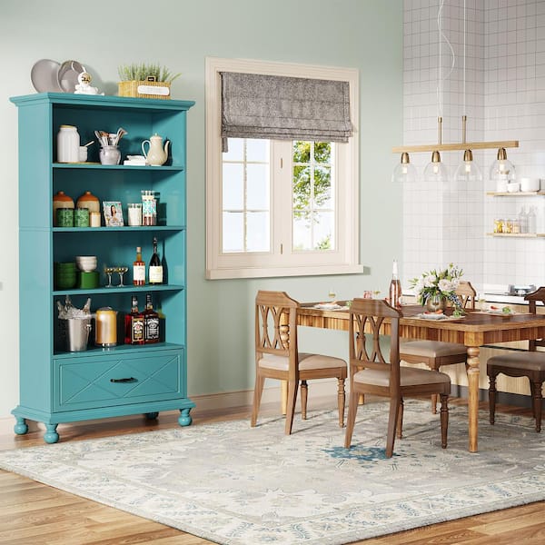 6 Shelf Bookcase with Drawer 71 Bookshelf with Solid Wood Legs Ocean Blue