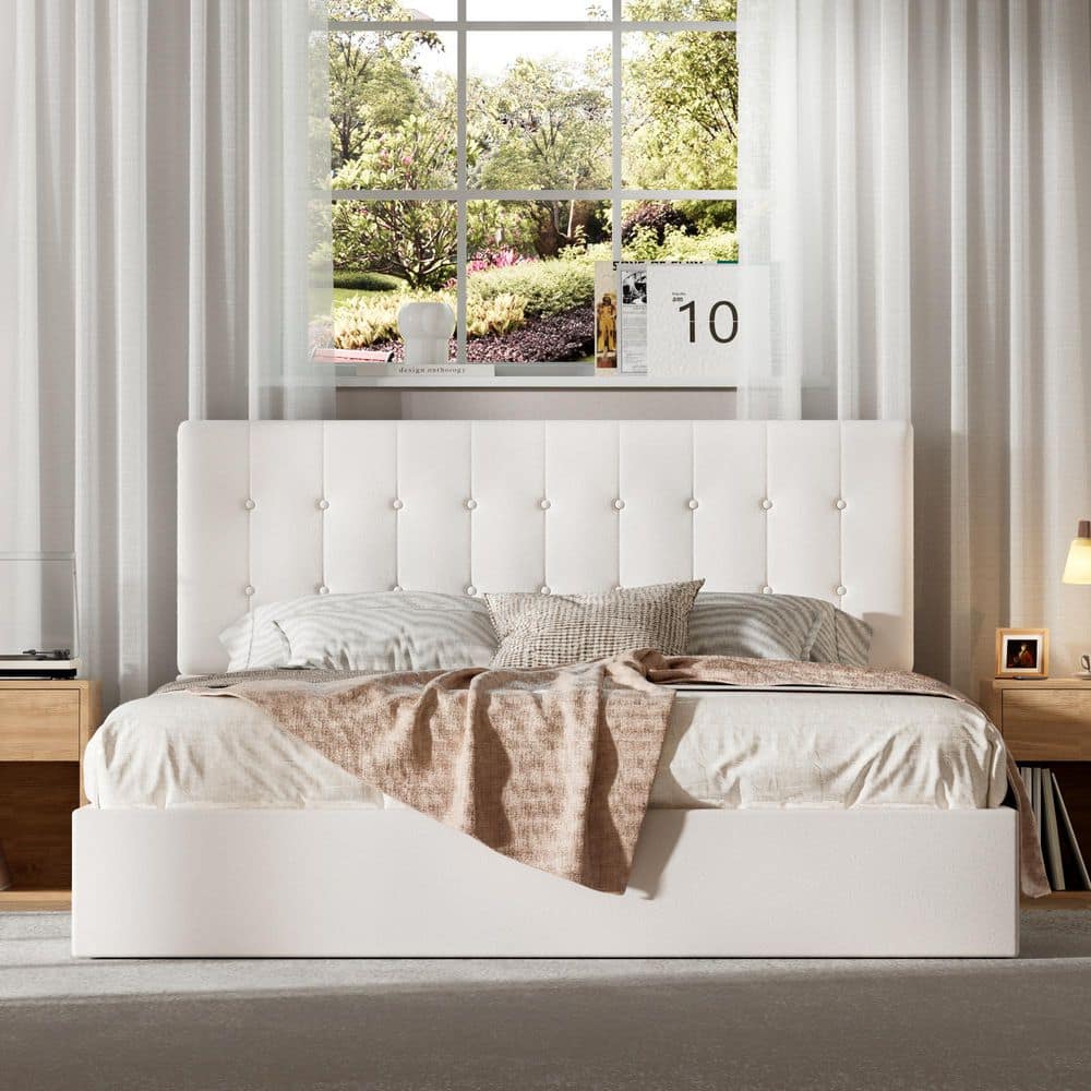 Ahokua White Frame Queen Size Upholstered Platform Bed with Lift-Up ...