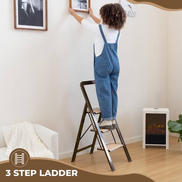 maocao hoom 3 Step Brown Aluminium Lightweight Folding Step Stool for Adults with Wide Anti Slip Pedal 580 lbs. Capacity CXY 2HRM1S6 The Home Depot