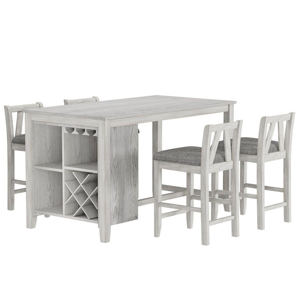 VECELO 5-Piece Wood Top Dining Table Set with Wine Rack, Glass Holder ...