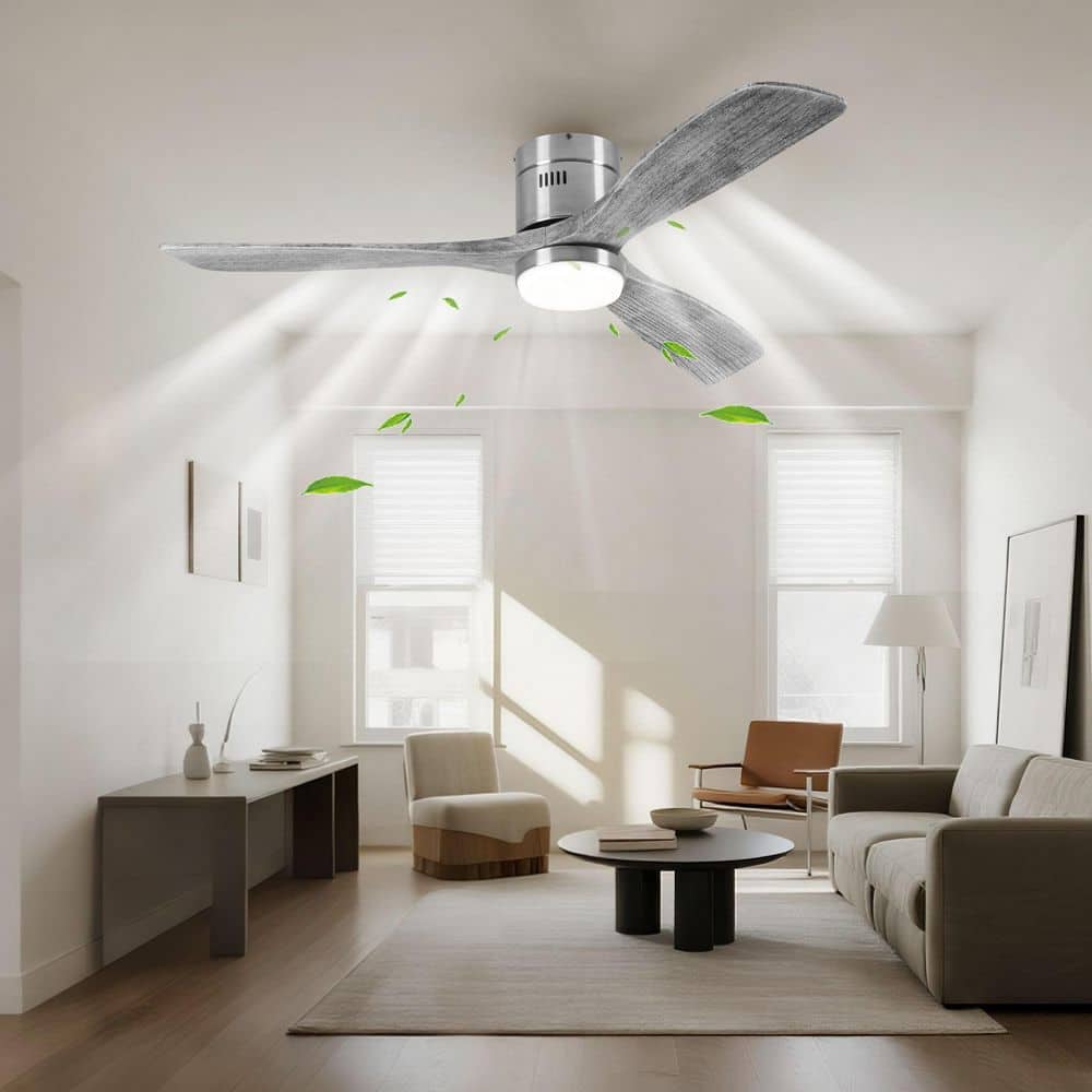 LINJO 52 in. Indoor Gray Wood Ceiling Fan with Integrated LED Light and ...