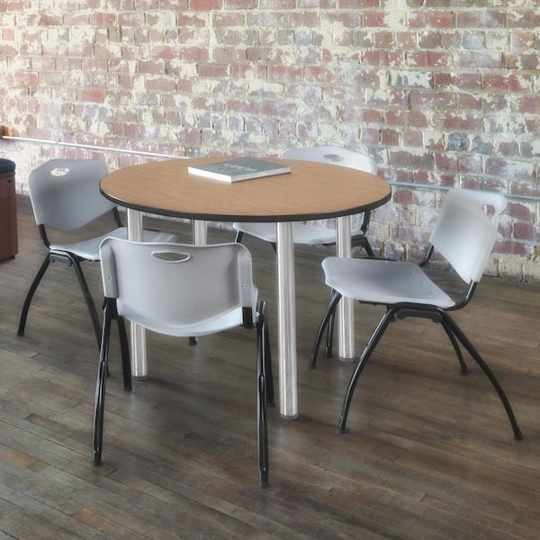 Regency Kee 36 in. Noble Oak Round Breakroom Table Desk and 4 'M' Stack ...
