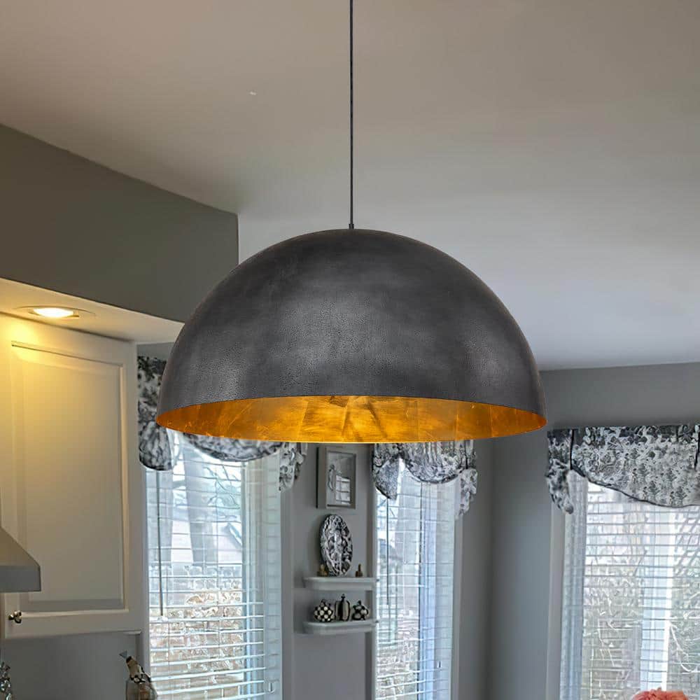 HUOKU PCover 15 in.Dia Medium Lighting 1-Light Black Farmhouse Dome ...