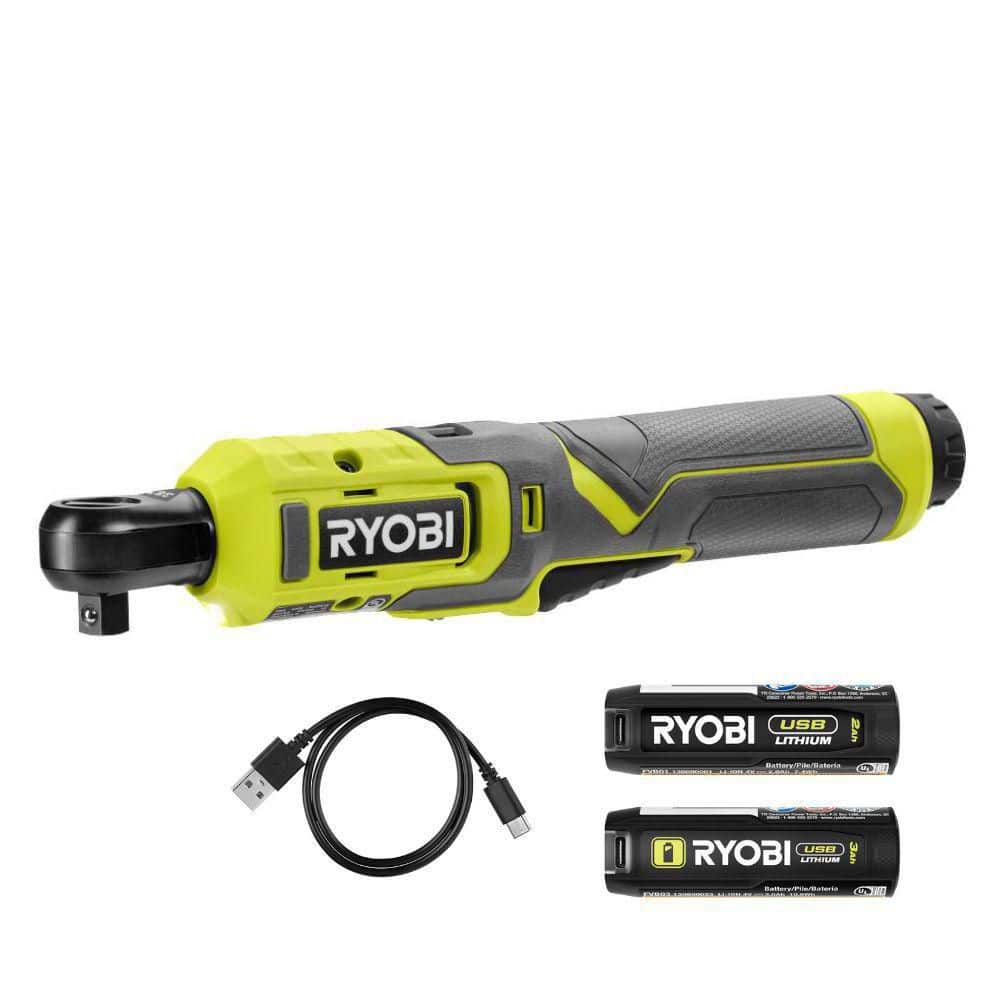 RYOBI USB Lithium 3/8 in. Ratchet Kit with 2.0 Ah Battery, Charging Cable, & USB Lithium 3.0 Ah ...