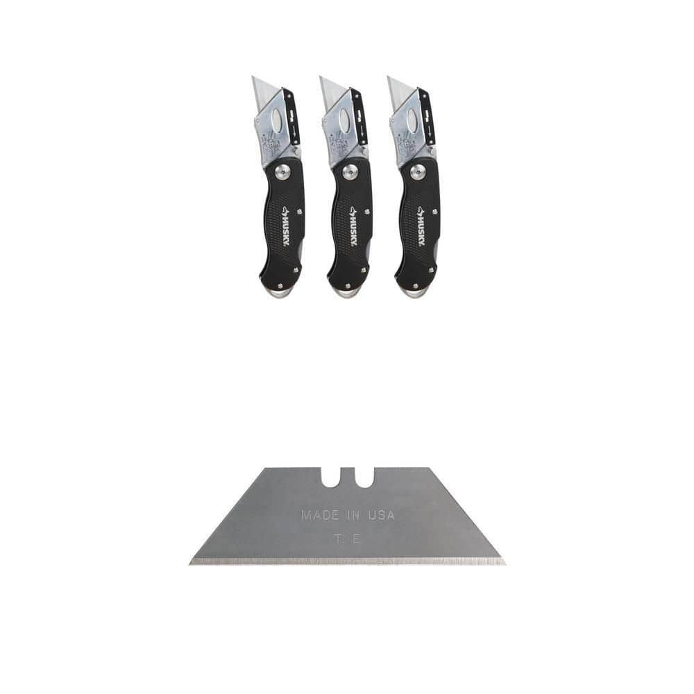 Husky Folding Lock-Back Utility Knife (3-Pack) and Heavy-Duty Utility ...