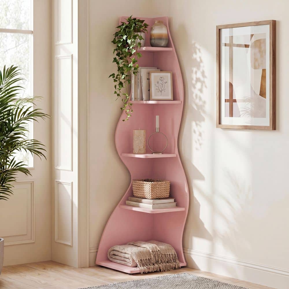 BYBLIGHT Eulas 69.8 in. Tall Pink Wood 5-Shelf Standard Bookcase Corner ...