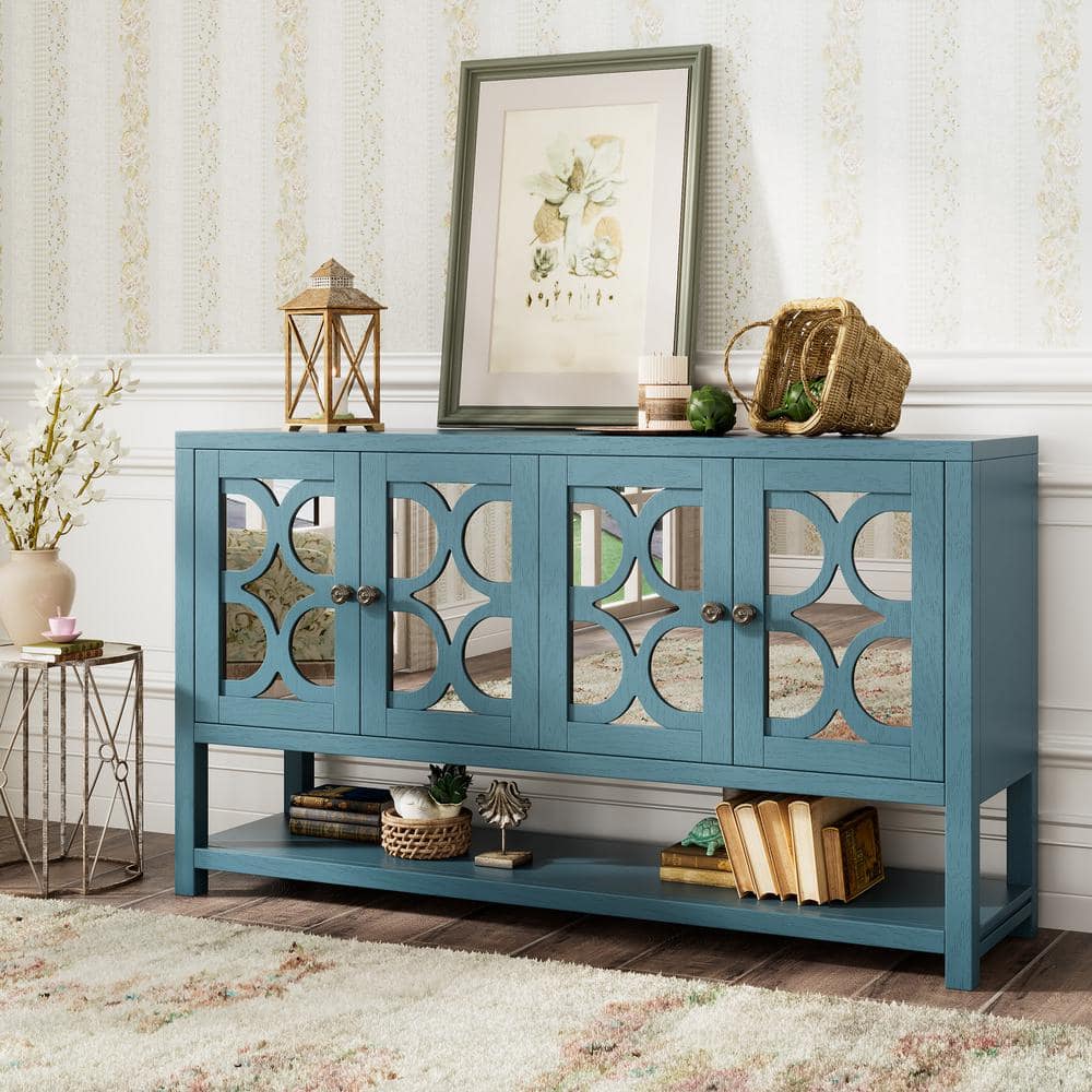 Qualler 60 in. Navy Rectangle MDF Console Table with Mirrored Doors and ...